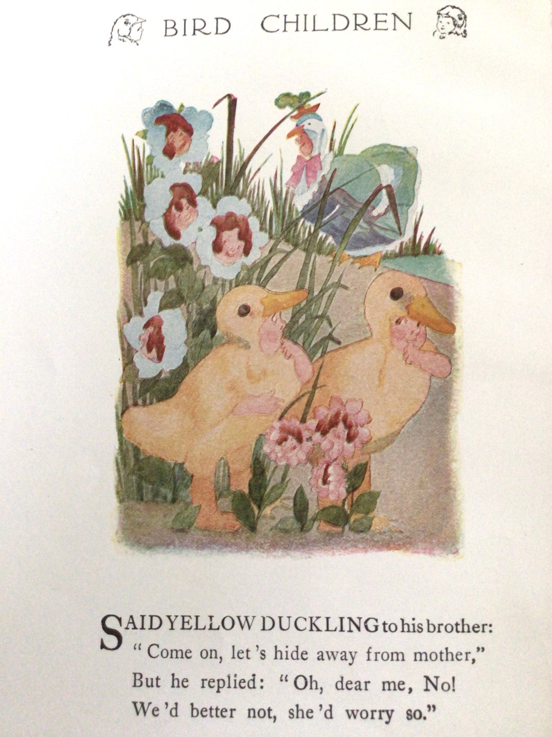 Bird Children, Yellow Duckling/mother & Father Goose, 2-sided Vintage ...