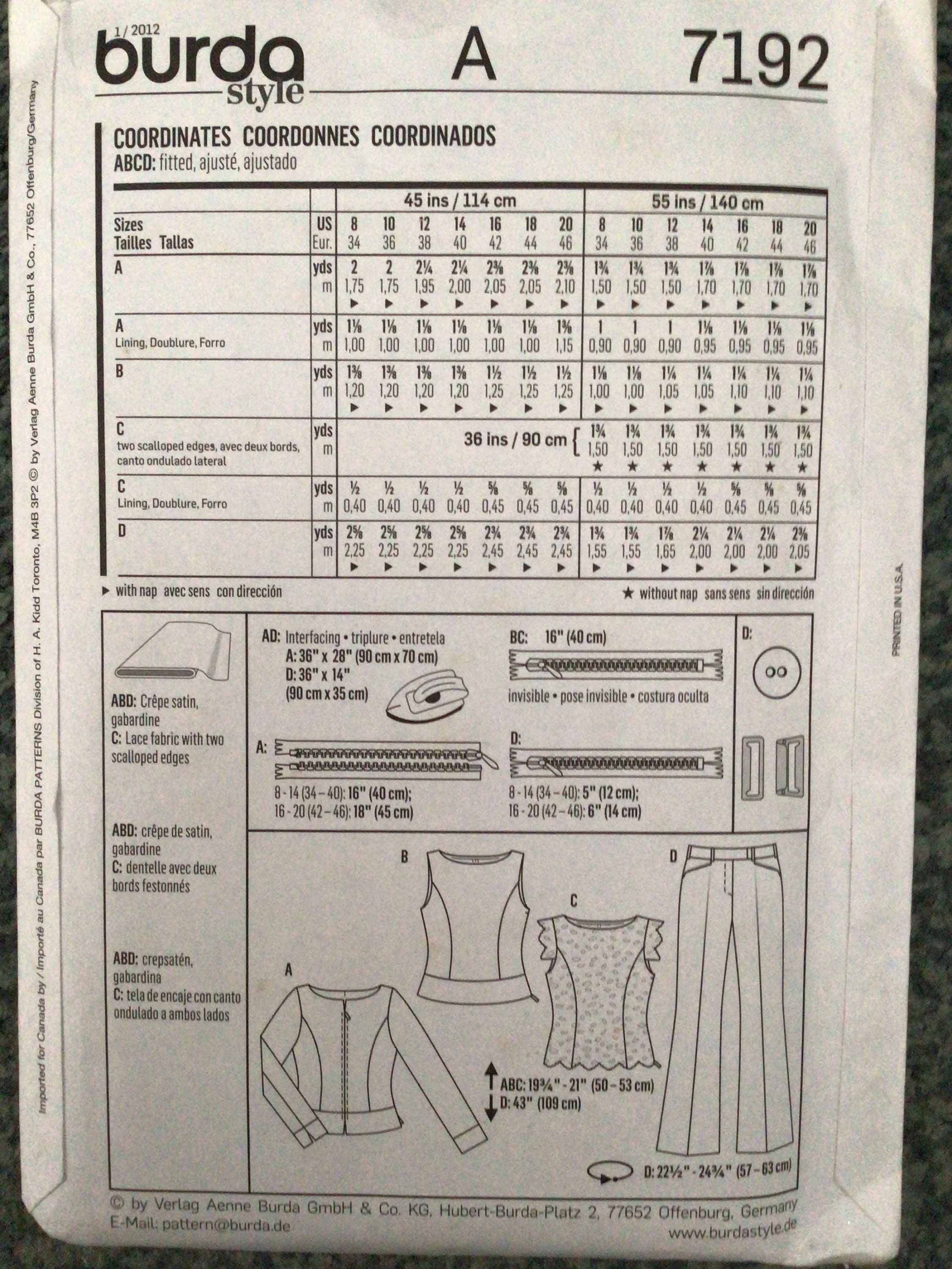 Burda 7192, Uncut Sewing Pattern, Womens Pants and Top, Size 8 20 ...