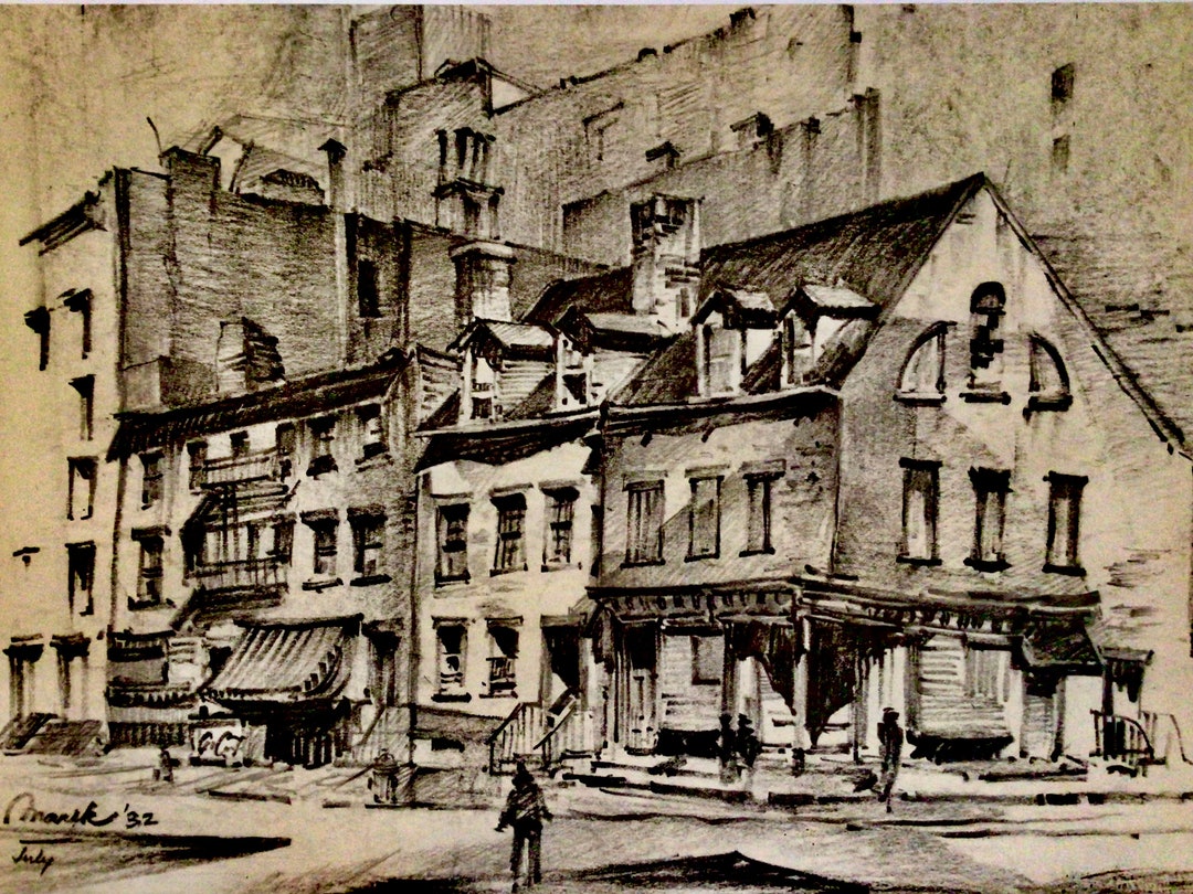 Mark Freeman Print, Drawing of OLD New York, Near Pearl St., 1932 ...