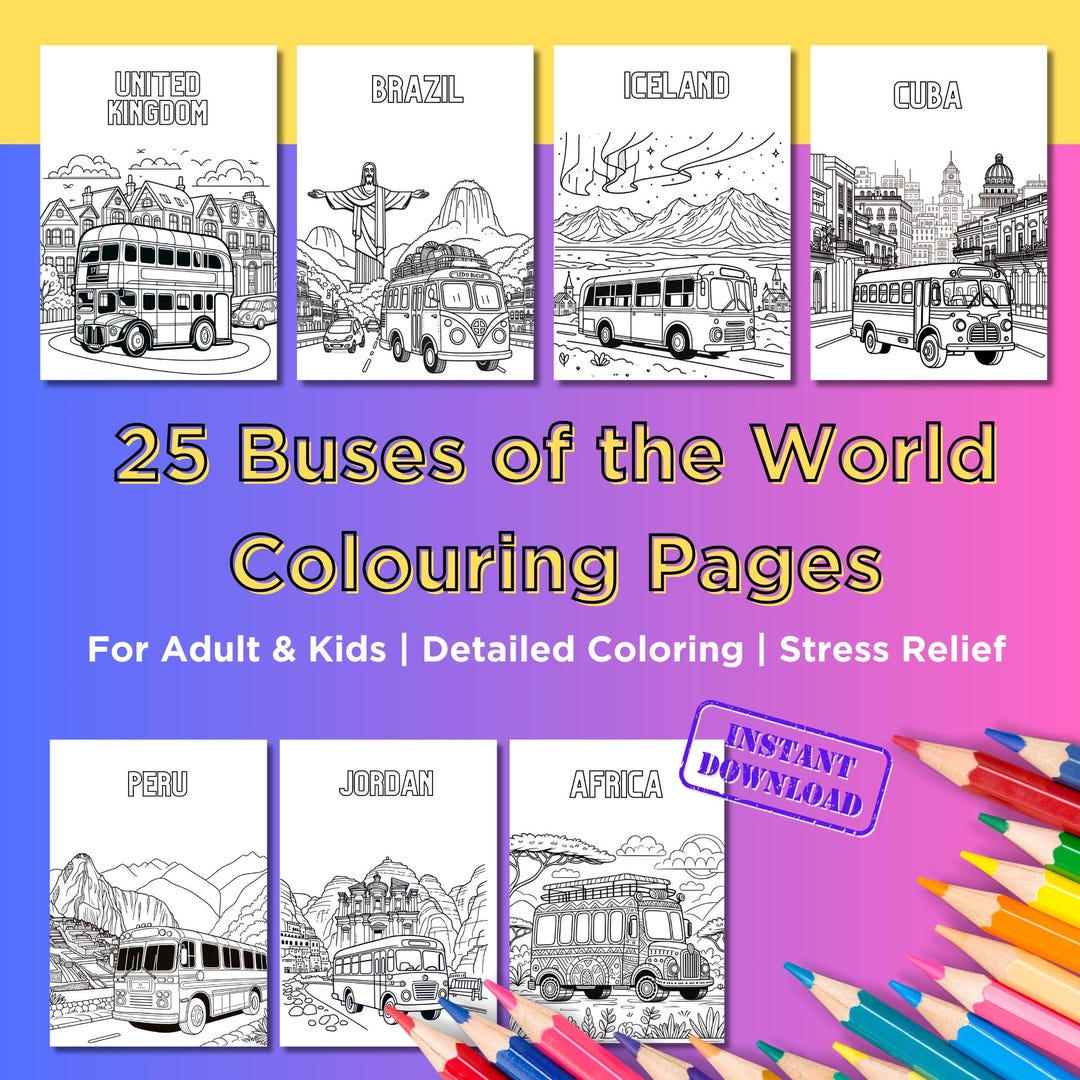 25 Buses of the World Coloring Pages for All Ages | Busy Book Printable ...