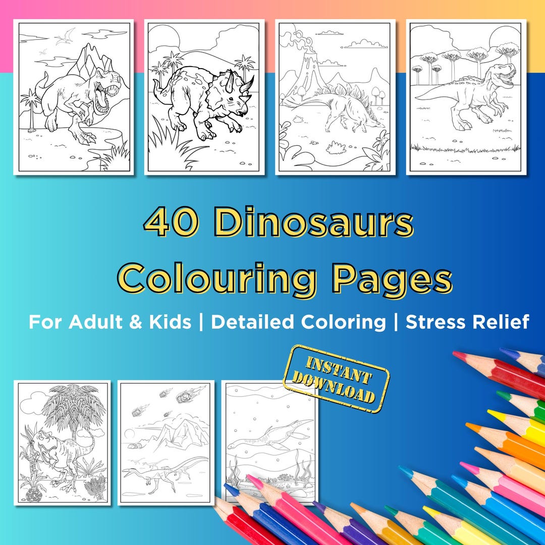 40 Dinosaur Coloring Book for Kids and Adults, Printable Coloring Pages ...