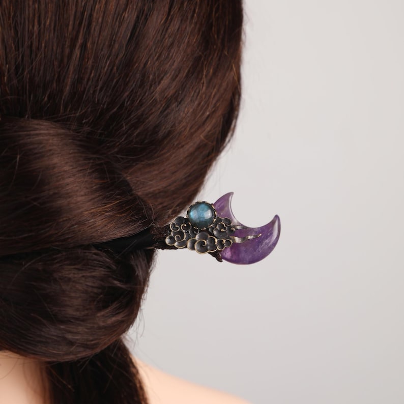 Ebony Moon Hair Stick With Amethyst or Quartz Brass Labradorite Accents ...