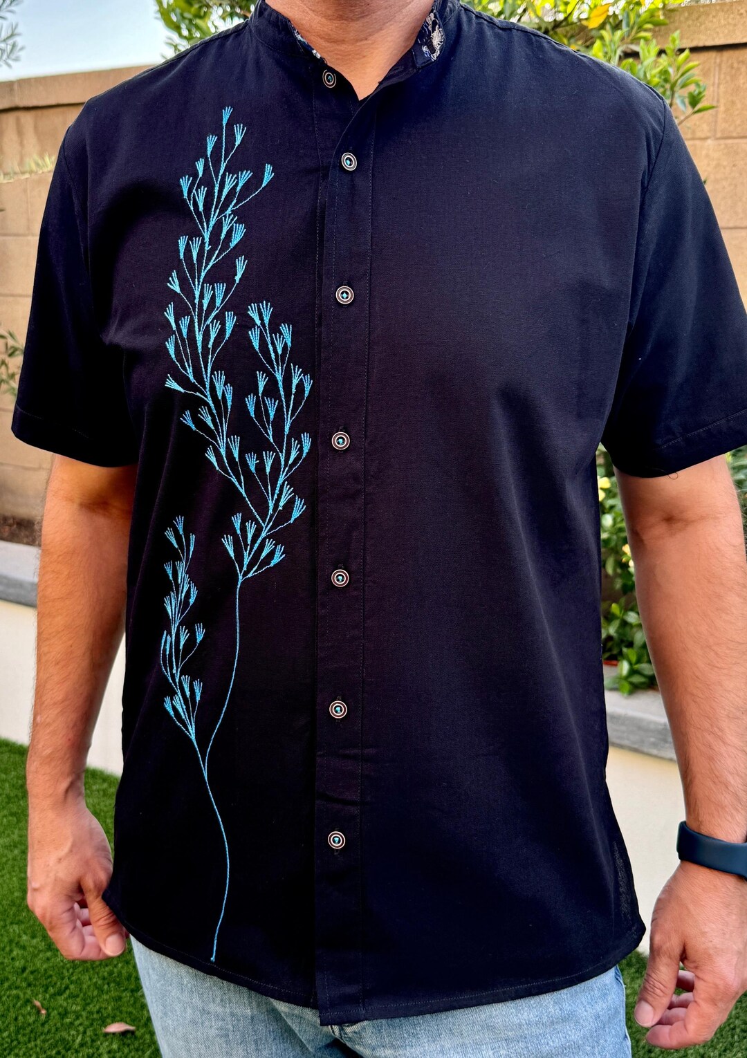 Black Short Sleeve Men's Shirt With Agave Flower Design Handmade in ...