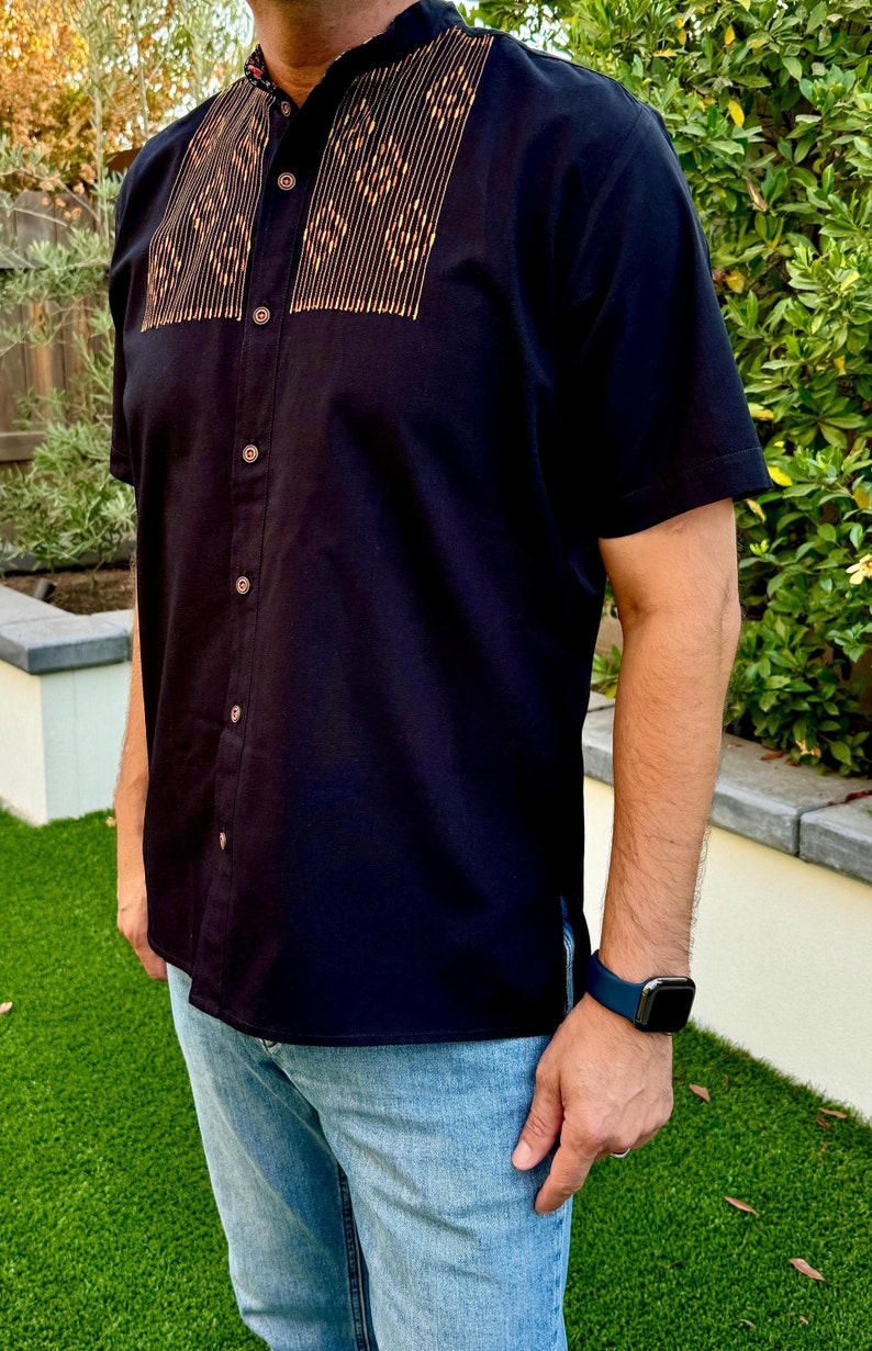 Mens Black Mexican Guayabera Shirt, Embroidered Cotton Button Down ...
