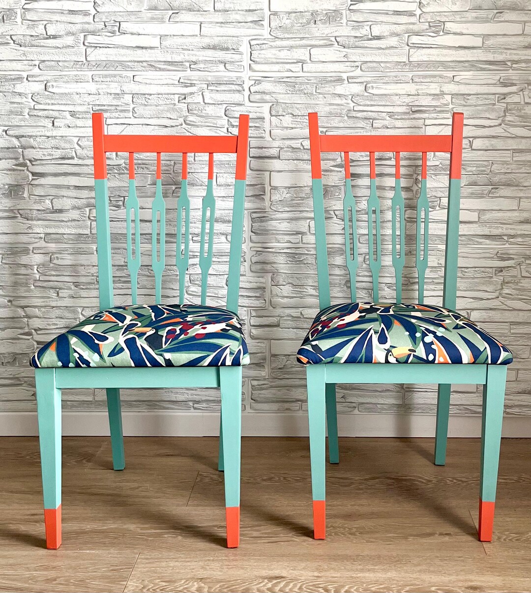 Orange and Teal Color Block Chairs Mahogany Vintage Turned Modern ...