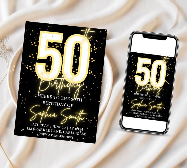 Digital 50th Birthday Invitation for Women, Editable 50th Invite Evite ...