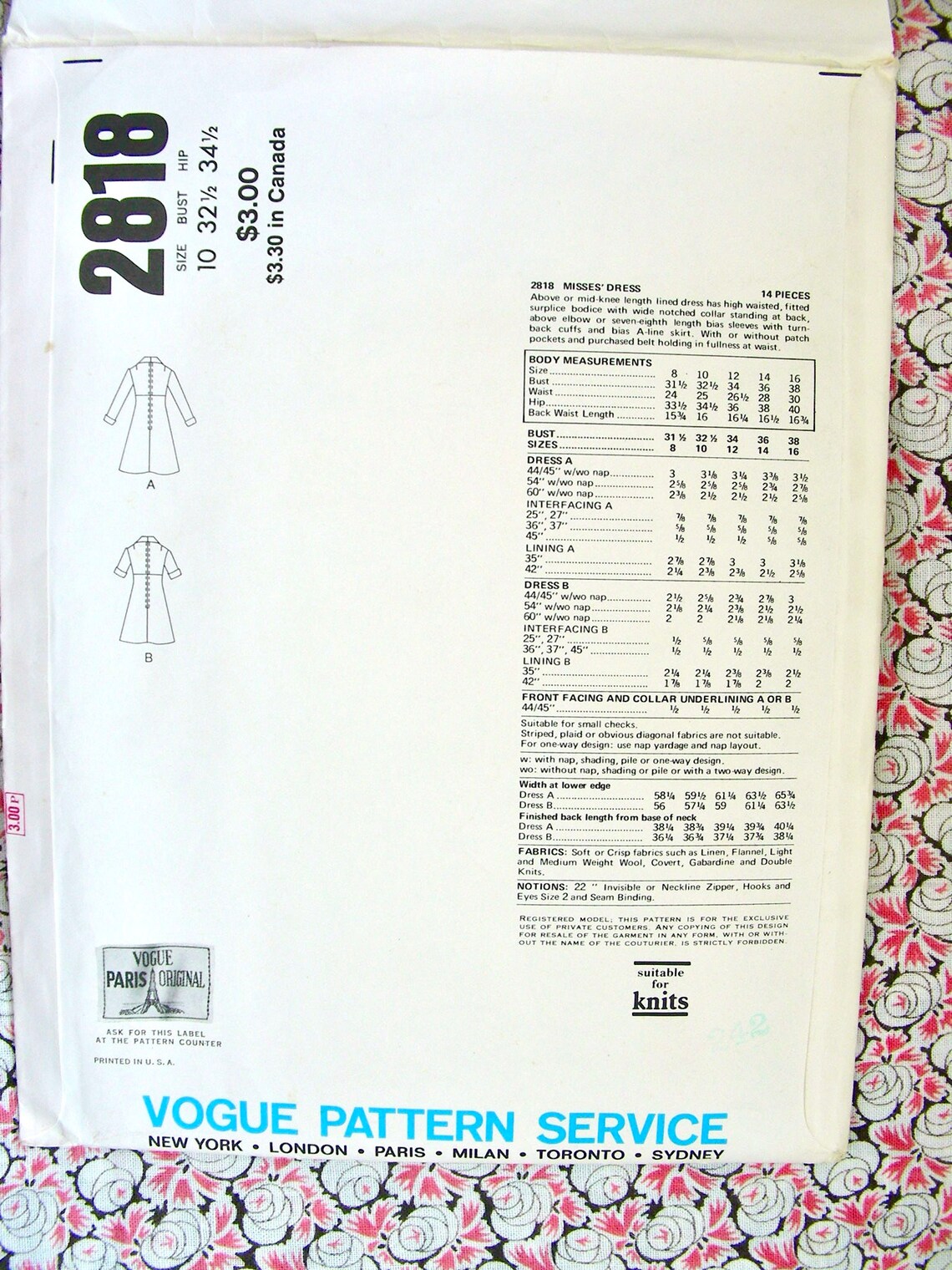 UNCUT * Vogue Pattern 2818 - Pierre Cardin Misses' Above or Mid-knee ...