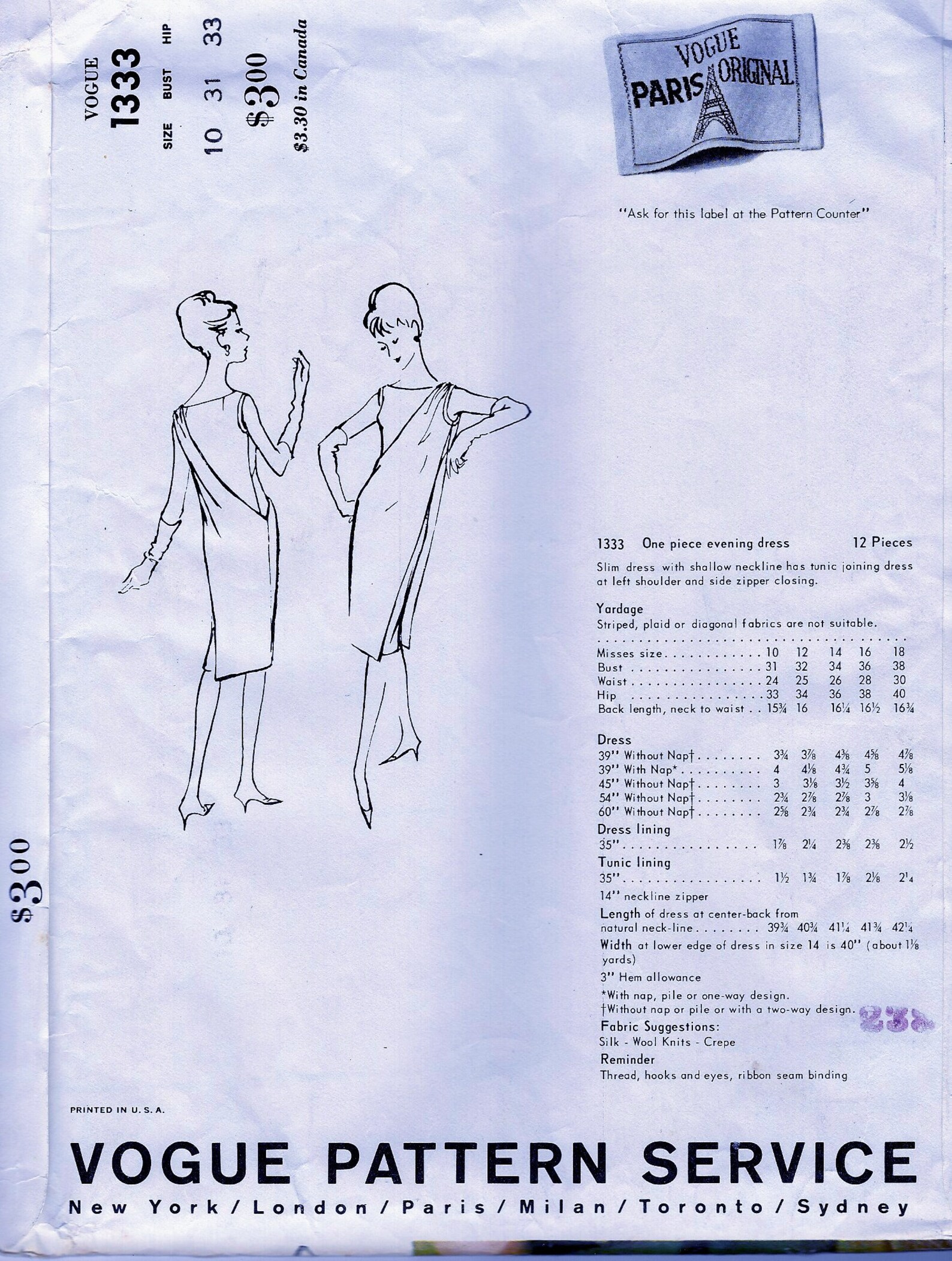 1960s Vogue Paris Original JACQUES HEIM Draped Dress Pattern 1333, Size ...