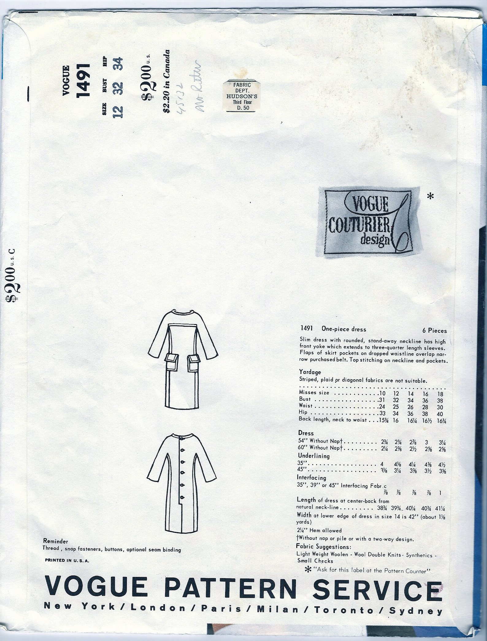 UNCUT fabiani of Italy Vogue Couturier Design Pattern 1491 - Etsy