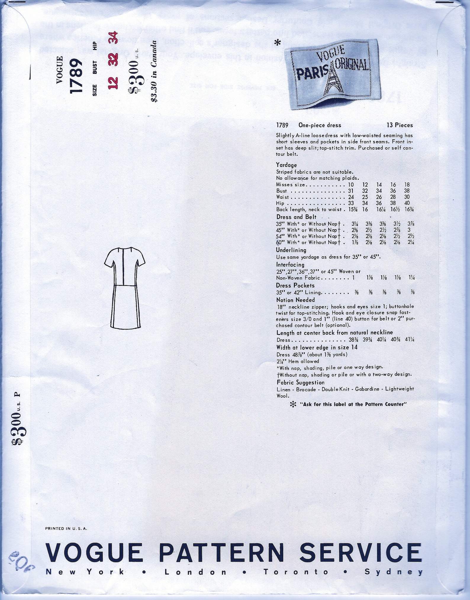 UNCUT Givenchy Designer Vogue Paris Original Pattern 1789 - Etsy