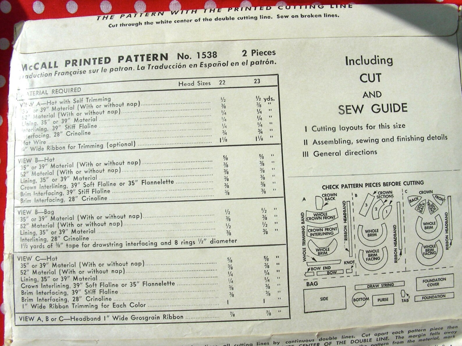 UNCUT 1950 Vintage Mccall's Pattern 1538 High Fashion Misses' Hats and ...