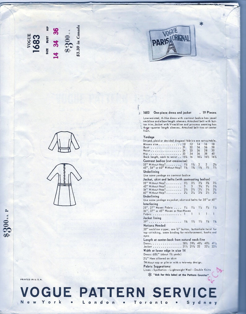 UNCUT * GRES Designer * Vogue Paris Original Pattern 1683 - Misses ...