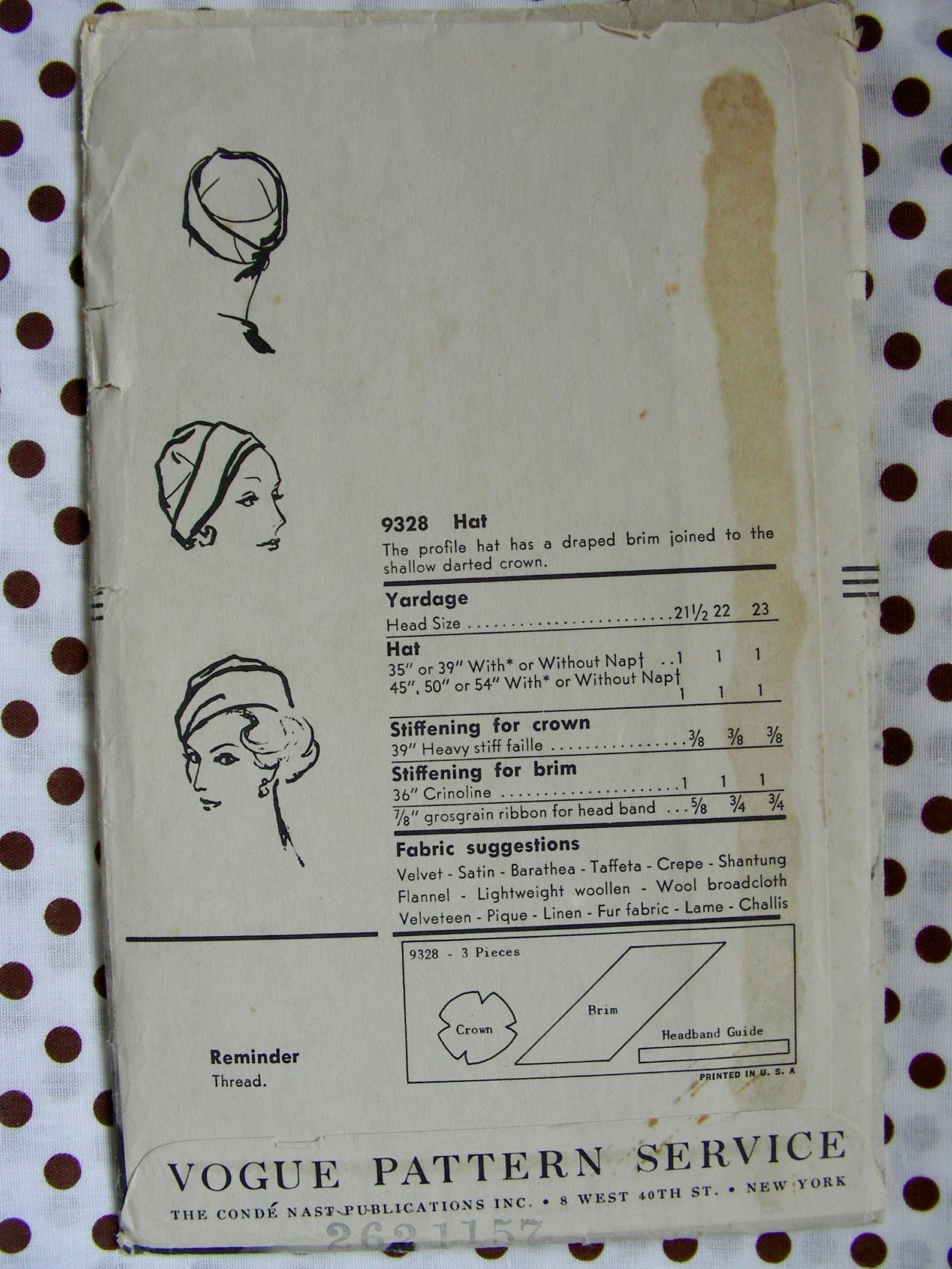 ORIGINAL VOGUE HAT Pattern 9328 Designers Hat Pattern by John - Etsy