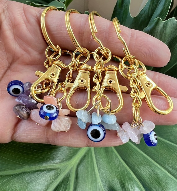 Genuine Crystal/stone Keychain W/evil Eye - Etsy