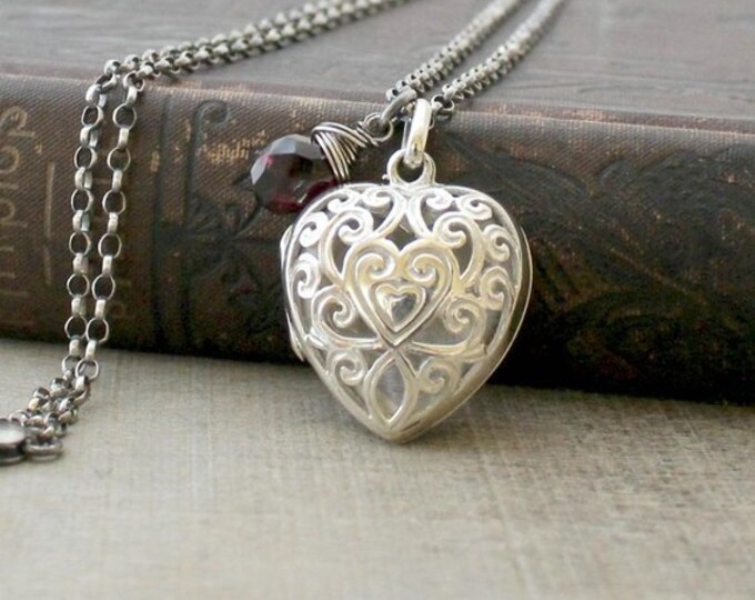 Silver Heart Locket, January Birthstone Locket Sterling Silver Locket ...