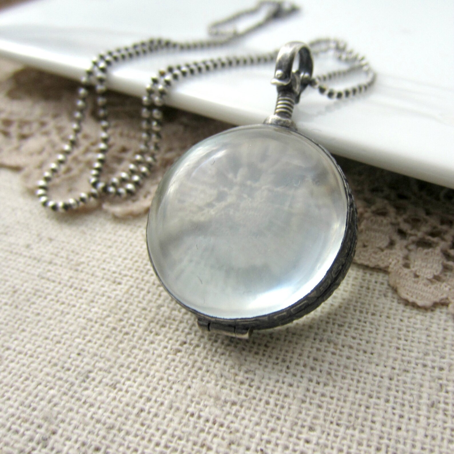 Clear Locket Necklace, Glass Photo Locket, Oxidize Sterling Silver ...