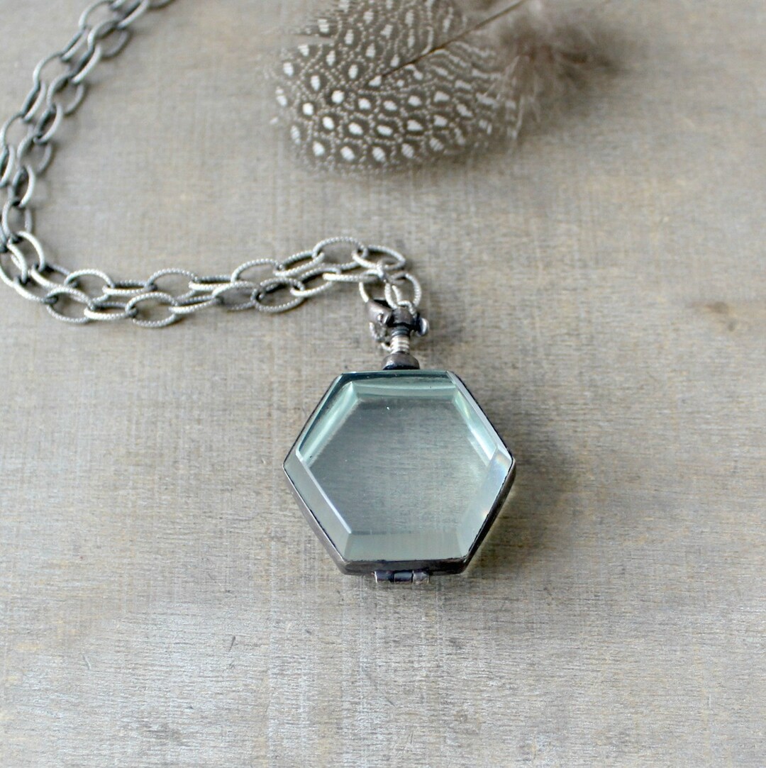 Glass Locket Necklace, Glass Photo Locket, Long Chain Locket, Push ...