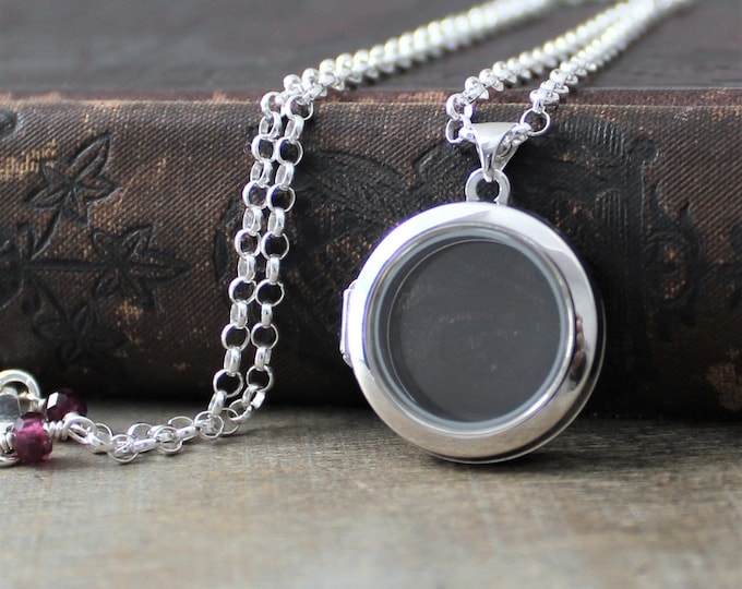 Sterling Silver Floating Locket Necklace, Glass Locket Pendant, Charm ...