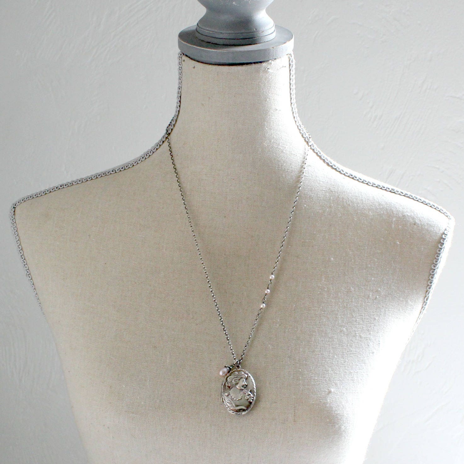 Large Locket Silver Cameo Locket Pearl Locket Necklace | Etsy