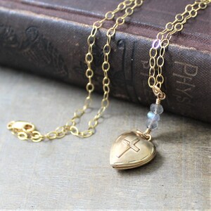 Gold Heart Locket, Gold Cross Necklace, Labradorite Necklace, Gold ...