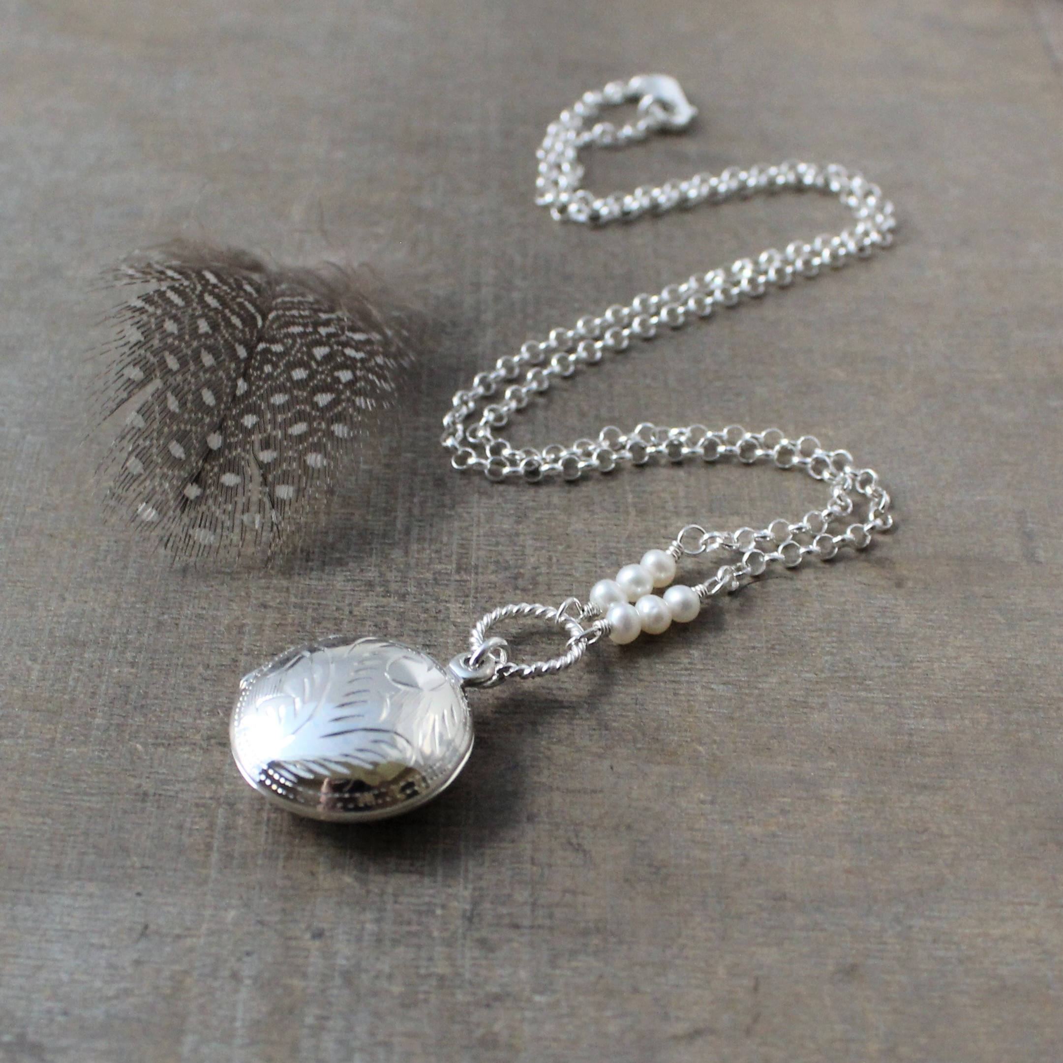 June Birthstone Locket, Round Locket Necklace, White Pearl Locket ...