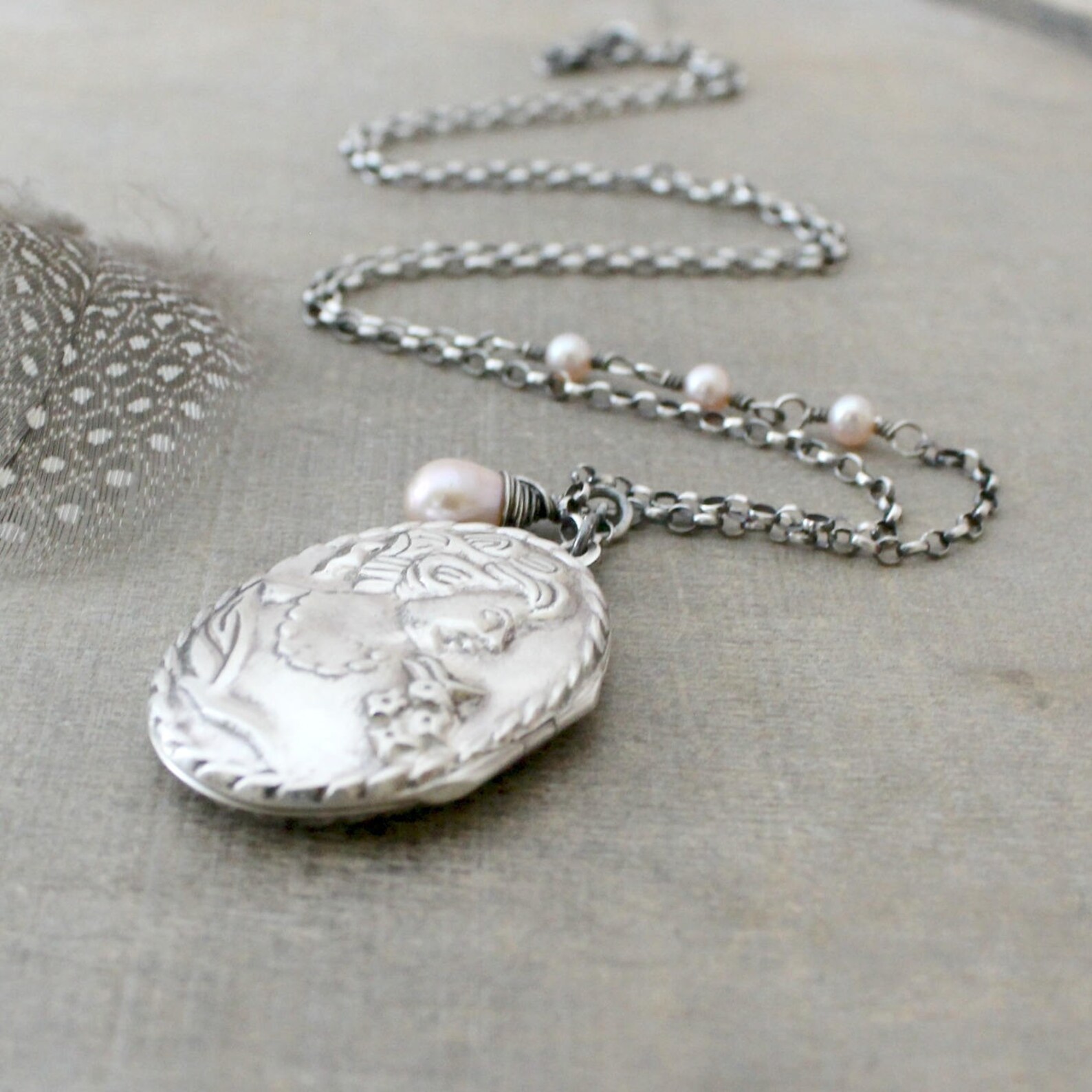 Large Locket, Silver Cameo Locket, Pearl Locket Necklace, Large Oval ...