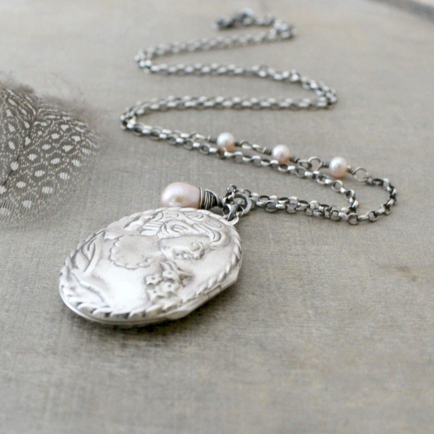 Large Locket, Silver Cameo Locket, Pearl Locket Necklace, Large Oval ...