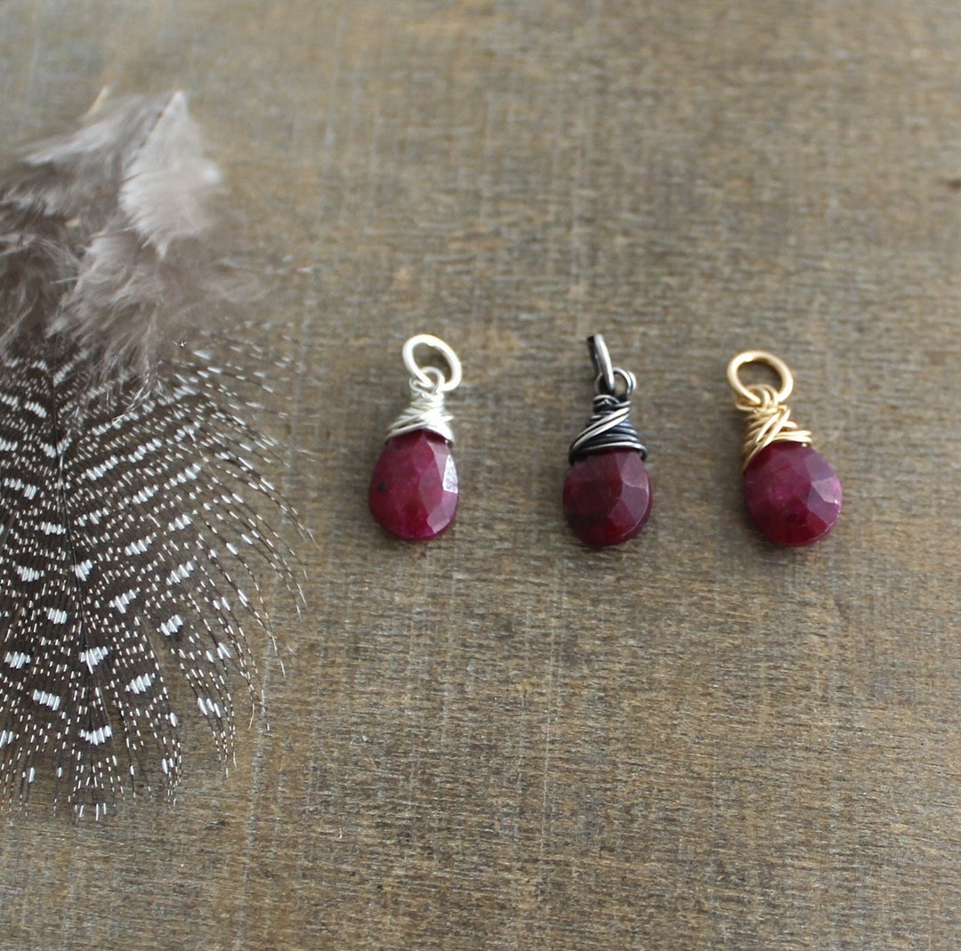 Genuine Ruby Charm, July Birthstone Charm, Wire Wrapped Pendant, Real ...