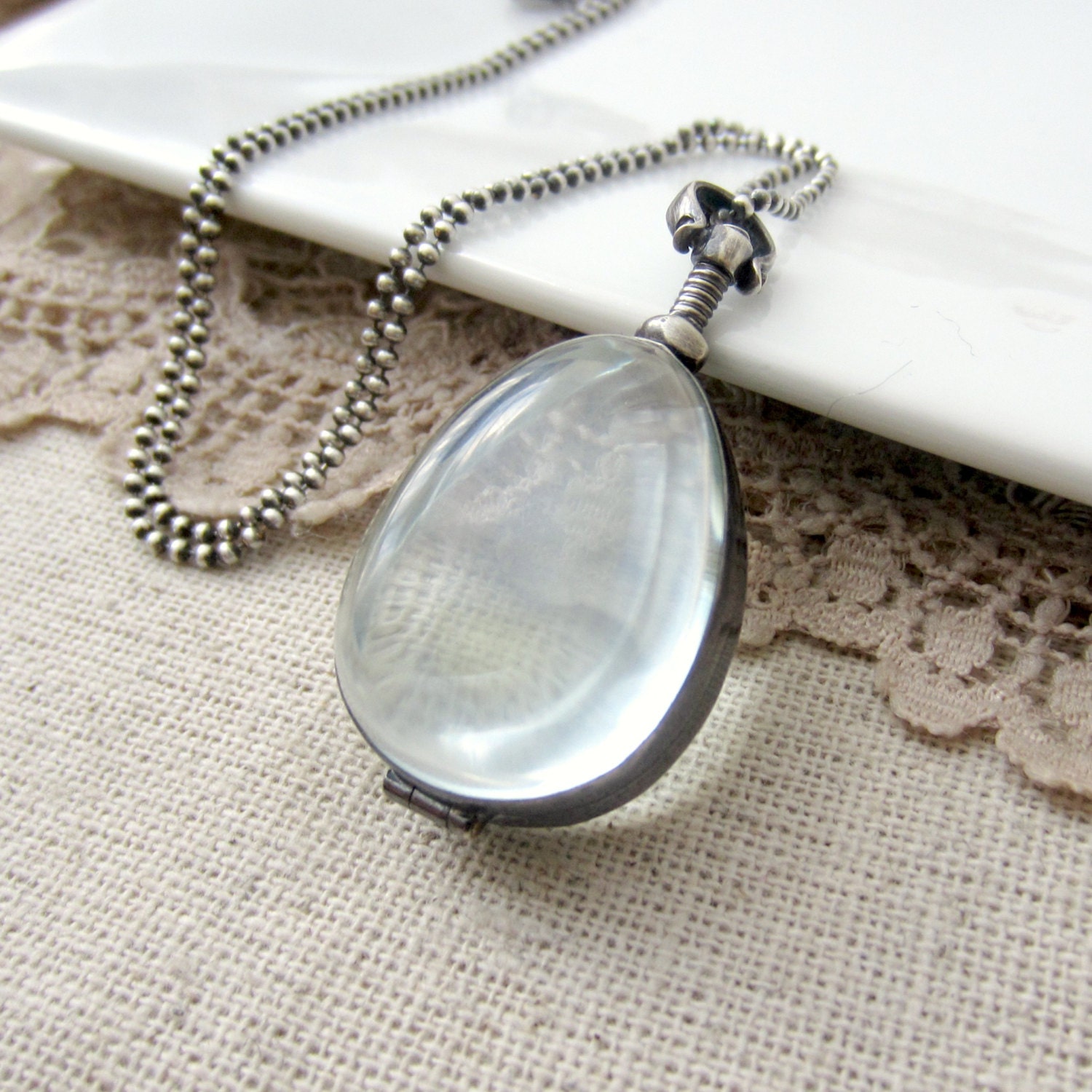 Glass Locket Necklace, Glass Photo Locket, Oxidize Silver, Sterling ...