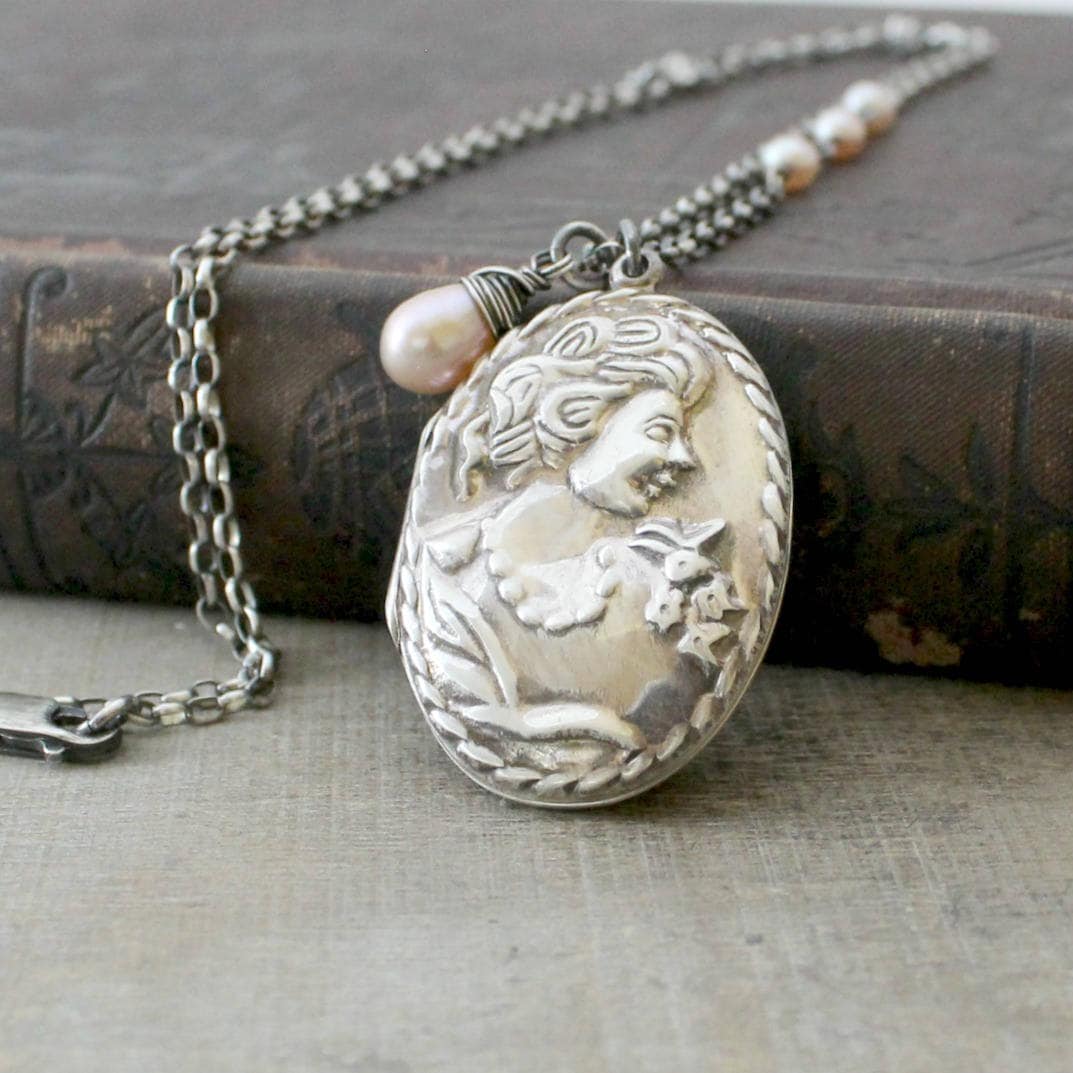 Large Locket, Silver Cameo Locket, Pearl Locket Necklace, Large Oval ...