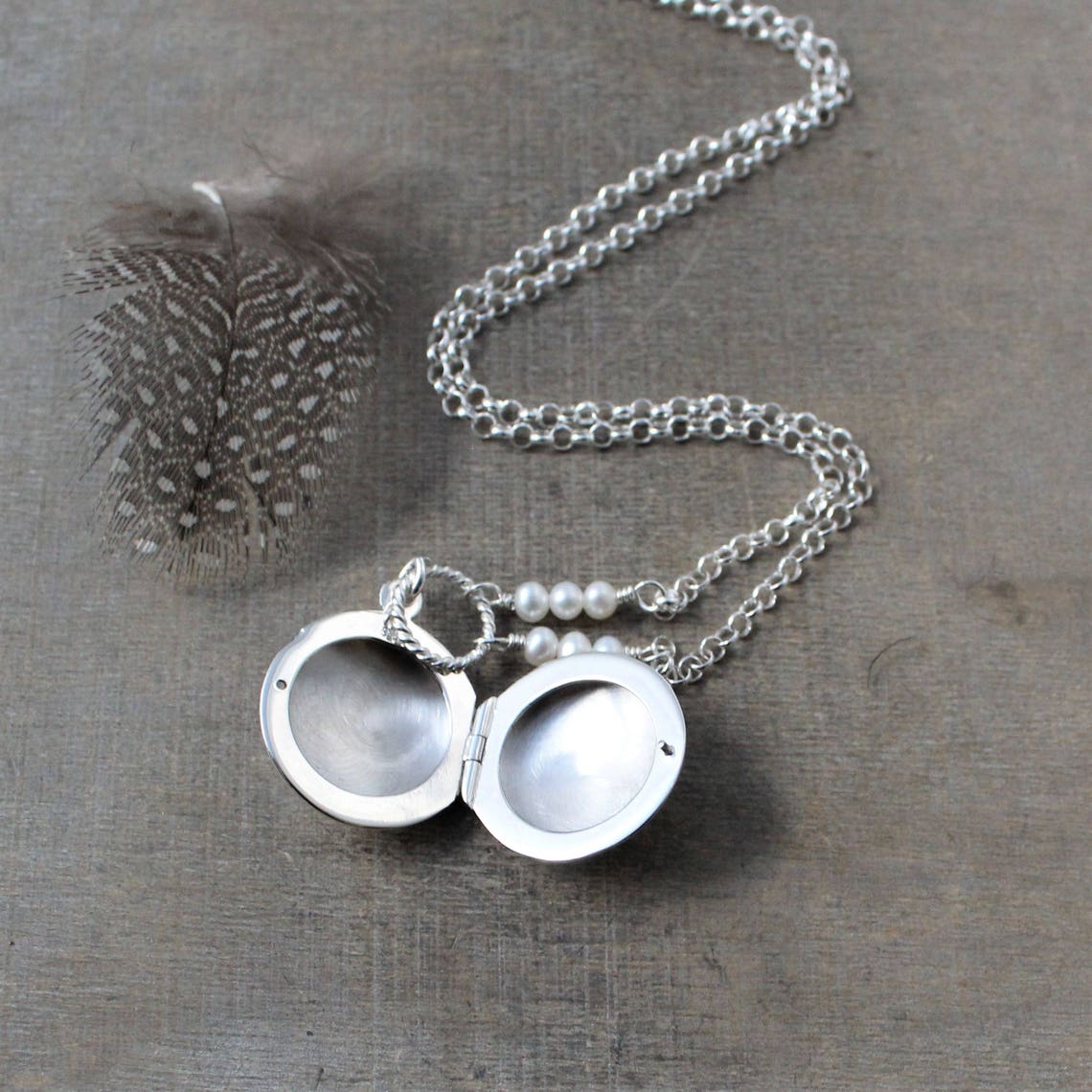 June Birthstone Locket, Round Locket Necklace, White Pearl Locket ...