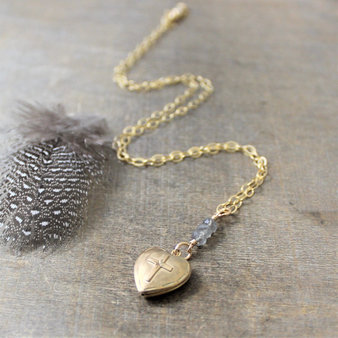 Gold Heart Locket Gold Cross Necklace Labradorite Necklace - Etsy