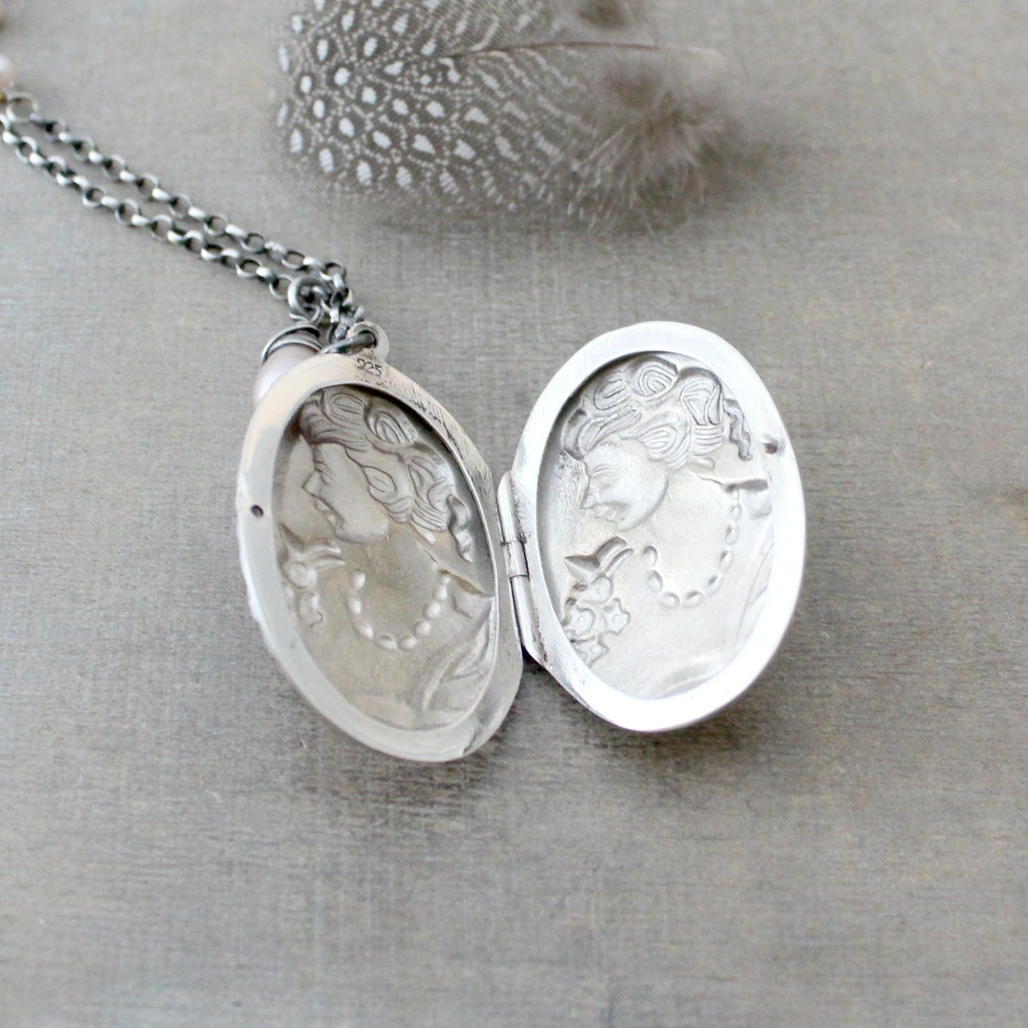Large Locket, Silver Cameo Locket, Pearl Locket Necklace, Large Oval ...
