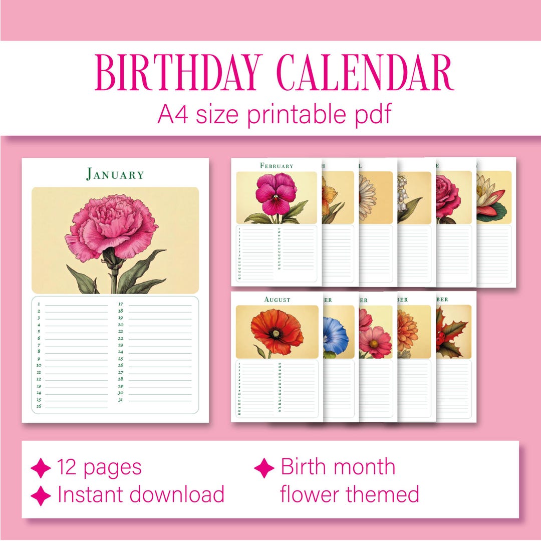 Printable Birthday Calendar, Birth Month Flowers, Pdf, 12 Printable ...