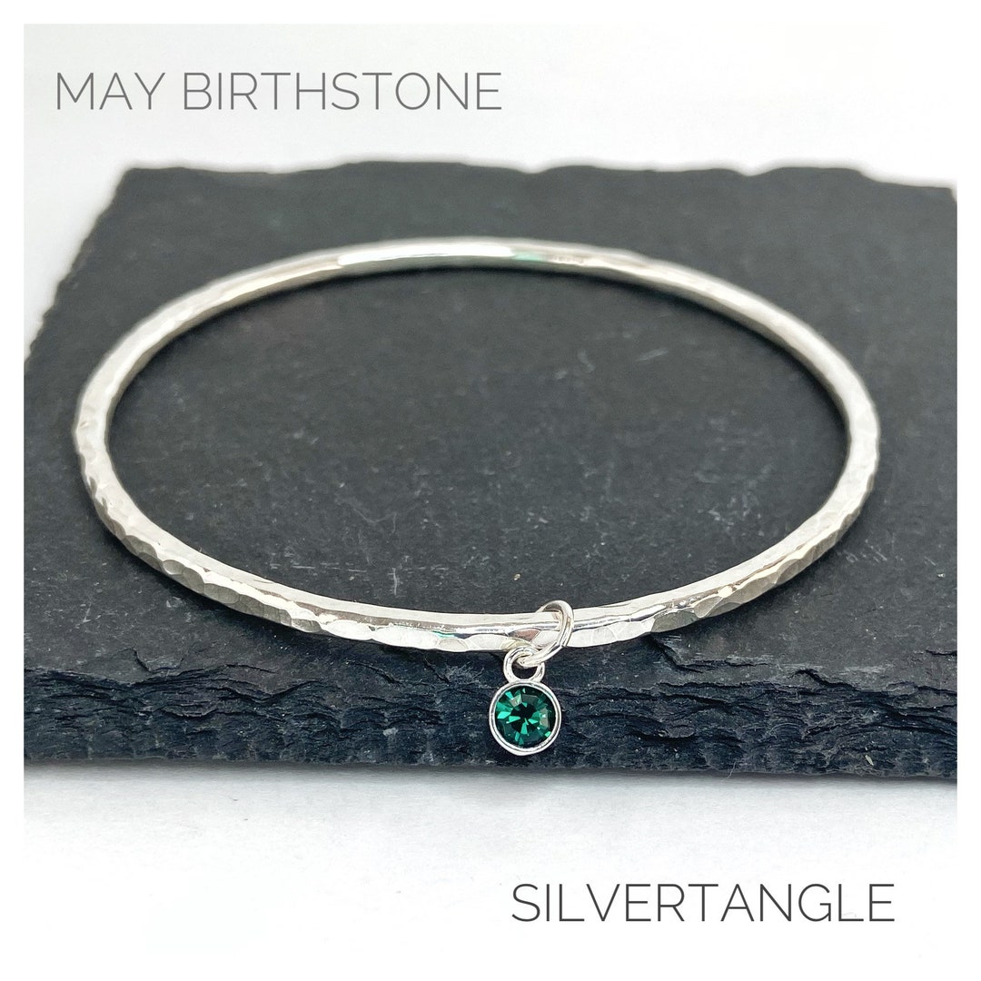 Round Sterling Silver Hallmarked Birthstone Bangle - May Birthstone Bangle - Silver Round ...