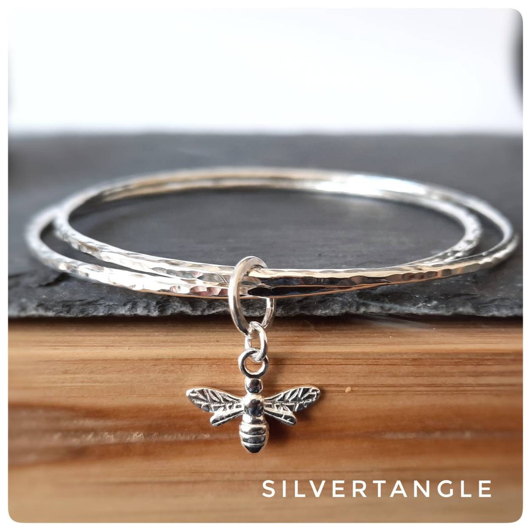 Two Silver Bangles With Bee Charm - Hammered Silver - Textured Finish ...