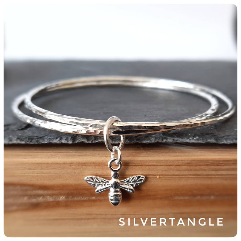 Two Silver Bangles With Bee Charm - Hammered Silver - Textured Finish ...