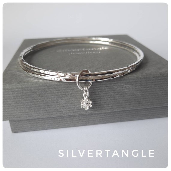 Sterling Silver Bangles With Flower Charm Silver Hammered Bangles Silver Flower Bangles Silver Bangles Silver Bangle With Flower Etsy
