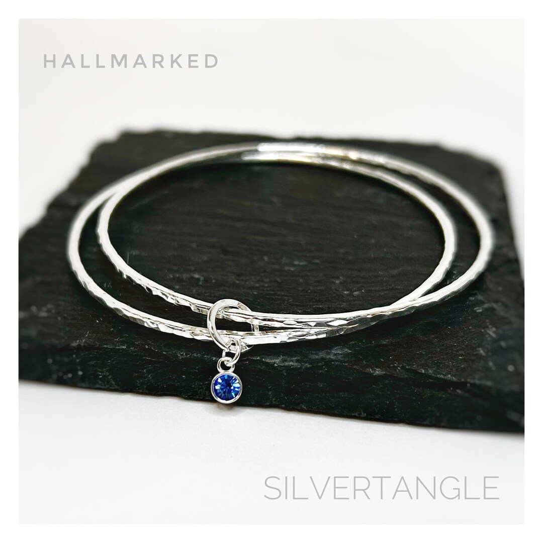 Two Silver Hallmarked Bangles With September Charm Hammered Silver Bangles Hallmarked Birthstone ...