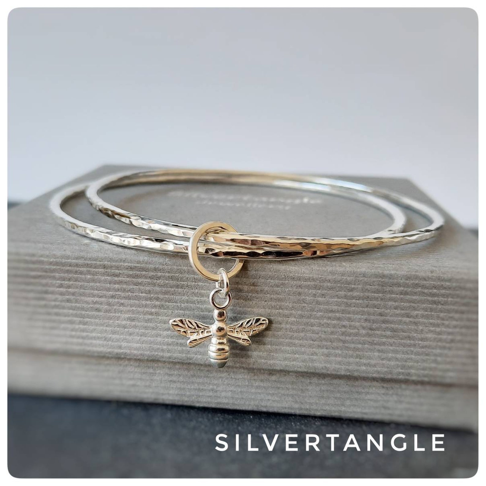 Two Silver Bangles With Bee Charm - Hammered Silver - Textured Finish ...