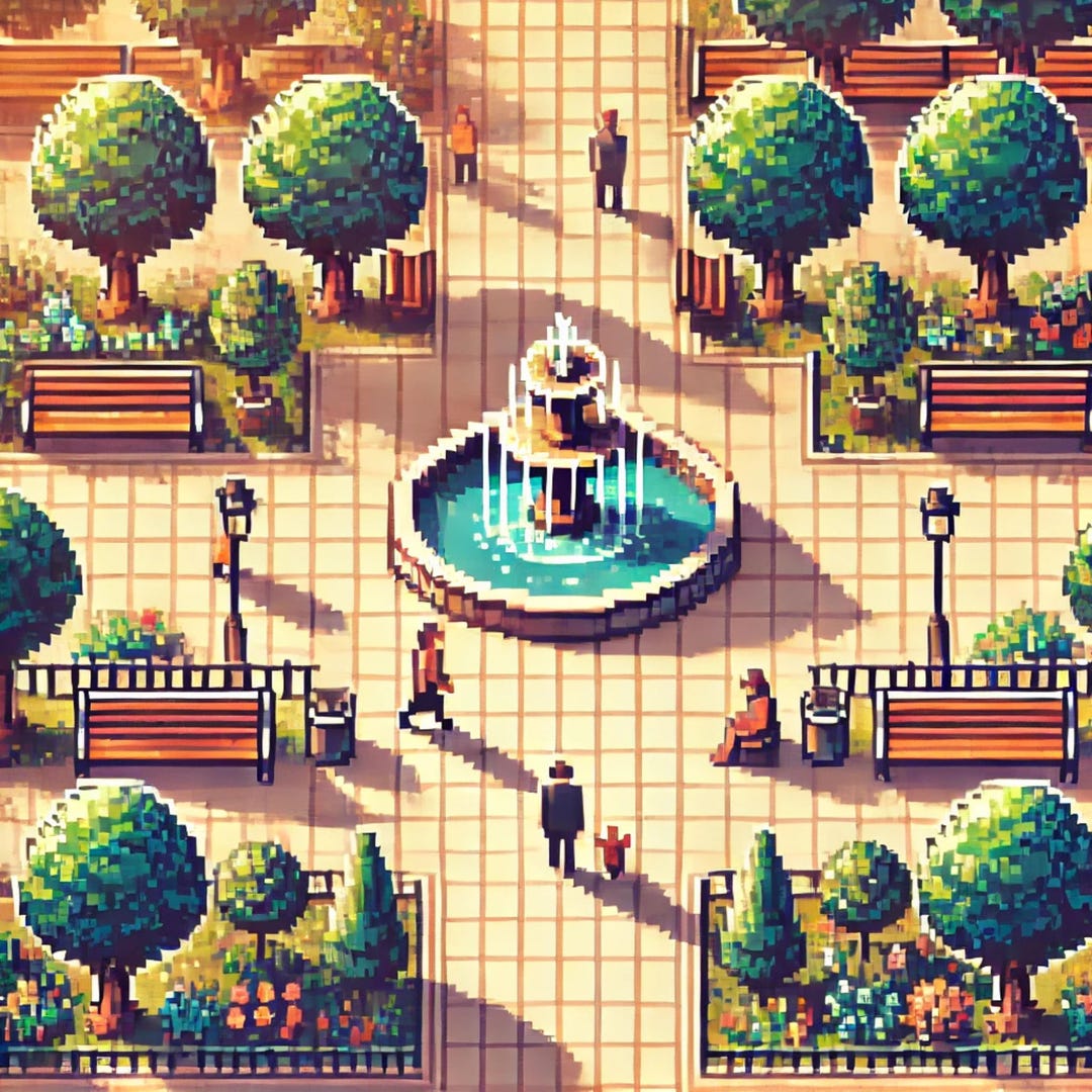 Pixel Art Square With Fountain Poster Charming Urban Scene Digital Wall ...