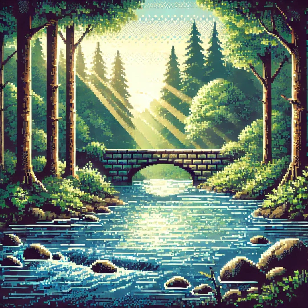 Pixel Art River With Bridge Poster Serene Nature Scene Digital Wall Art ...