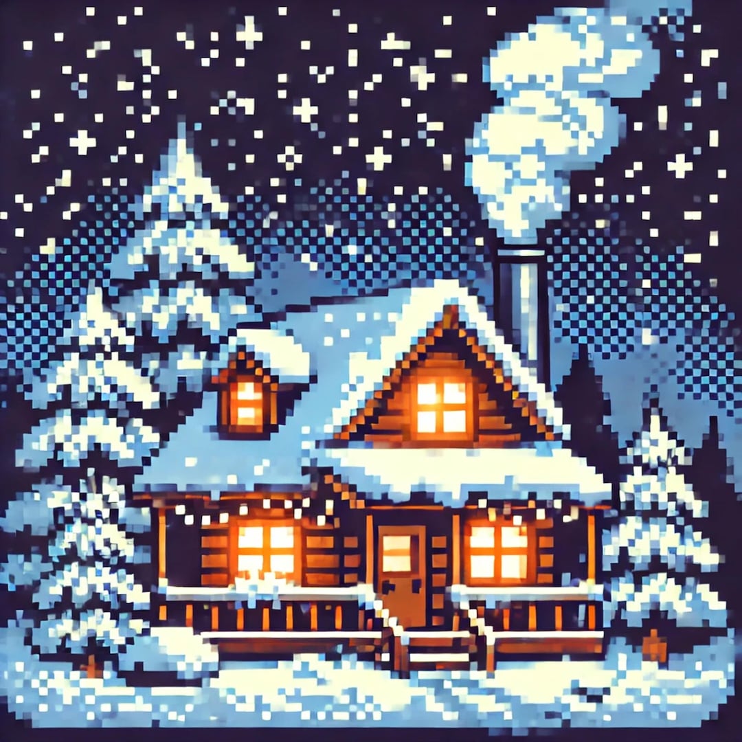 Pixel Art Snowy Wooden Cabin Poster Cozy Winter Scene Digital Wall Art ...