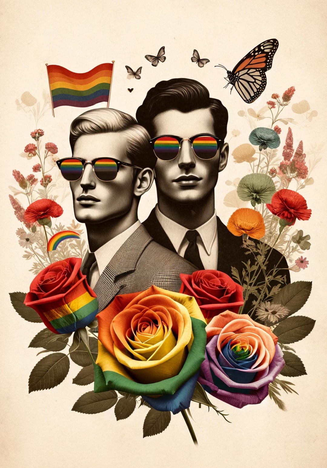 LGBTQ Pride Vintage Collage Retro Artwork With Rainbow Roses Digital ...