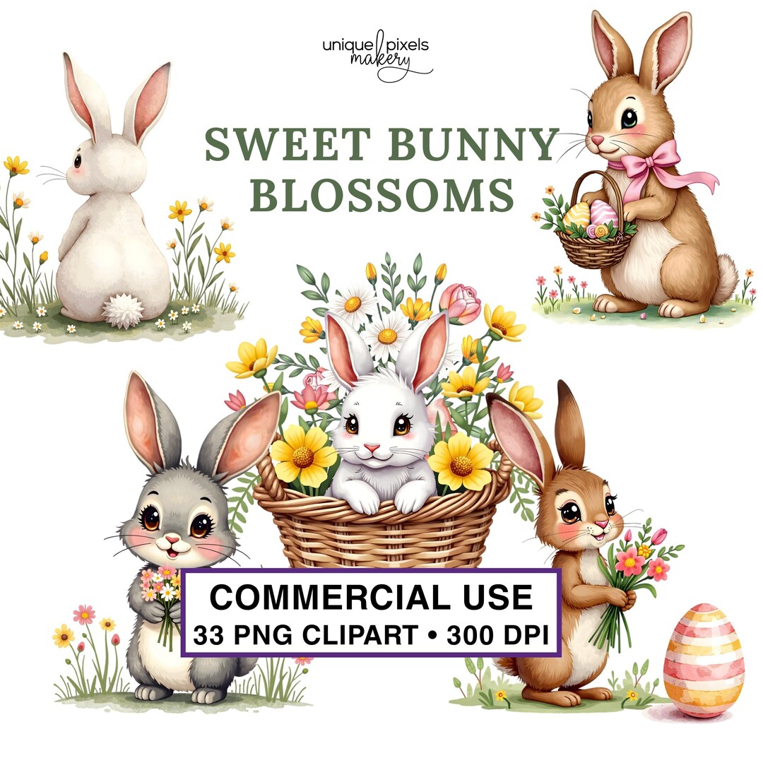 Bunny & Spring Flower Clipart | 33 PNG Easter Graphics (commercial Use ...