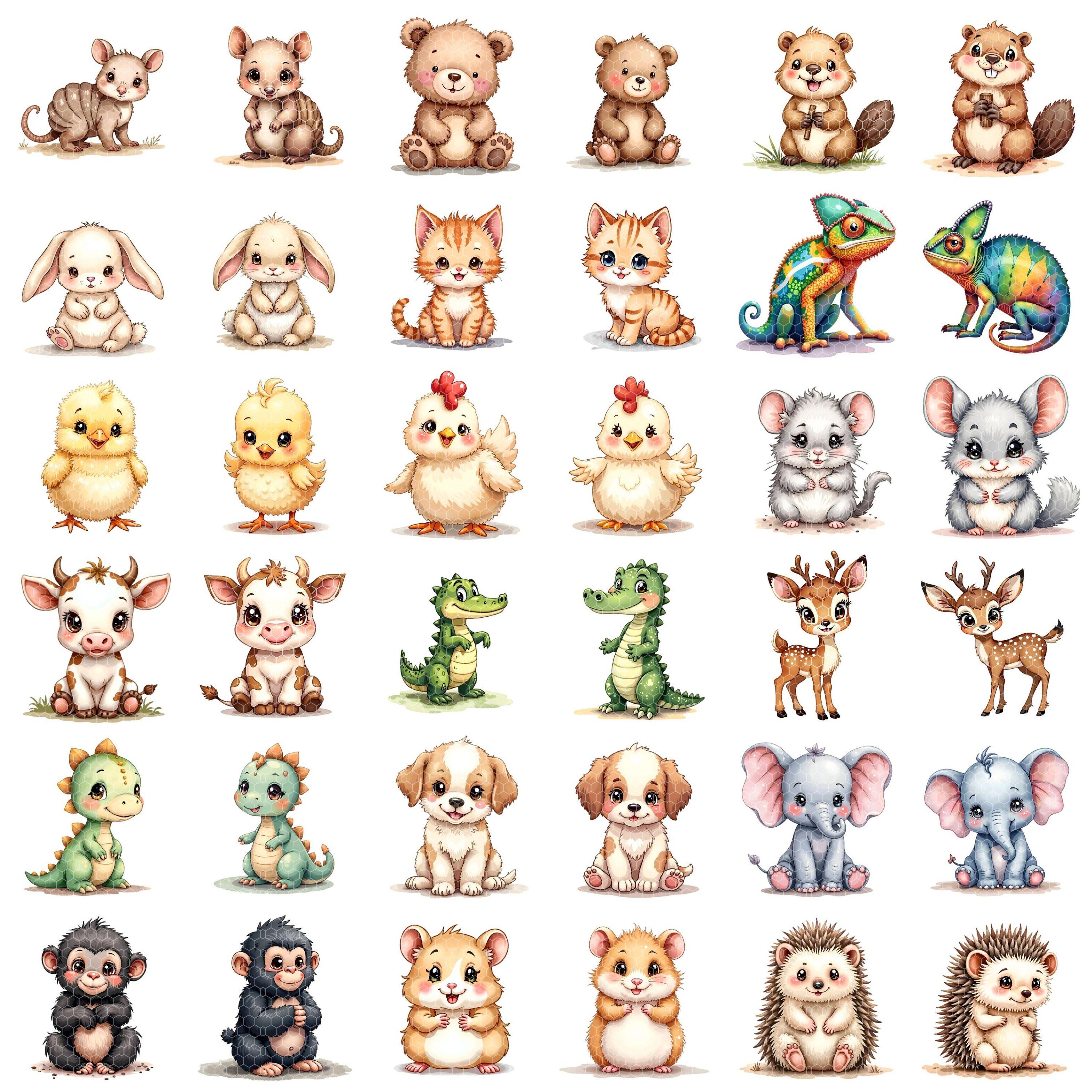 Watercolor Cute Baby Animal Pairs | 100 Total Animals Clipart PNG ...
