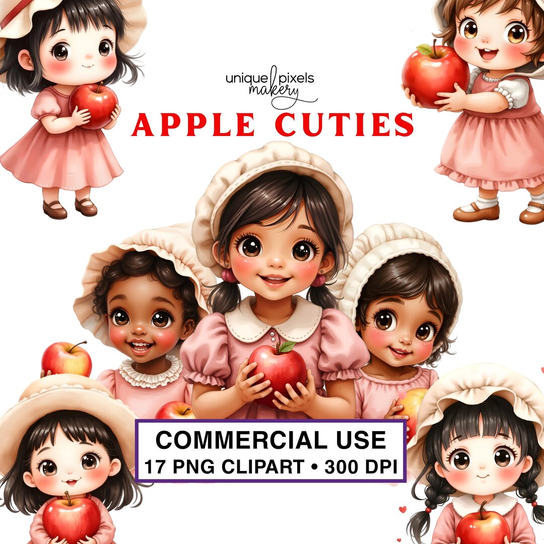 Fall Harvest Girls Apple Watercolor Clipart | Autumn Apple Picking ...
