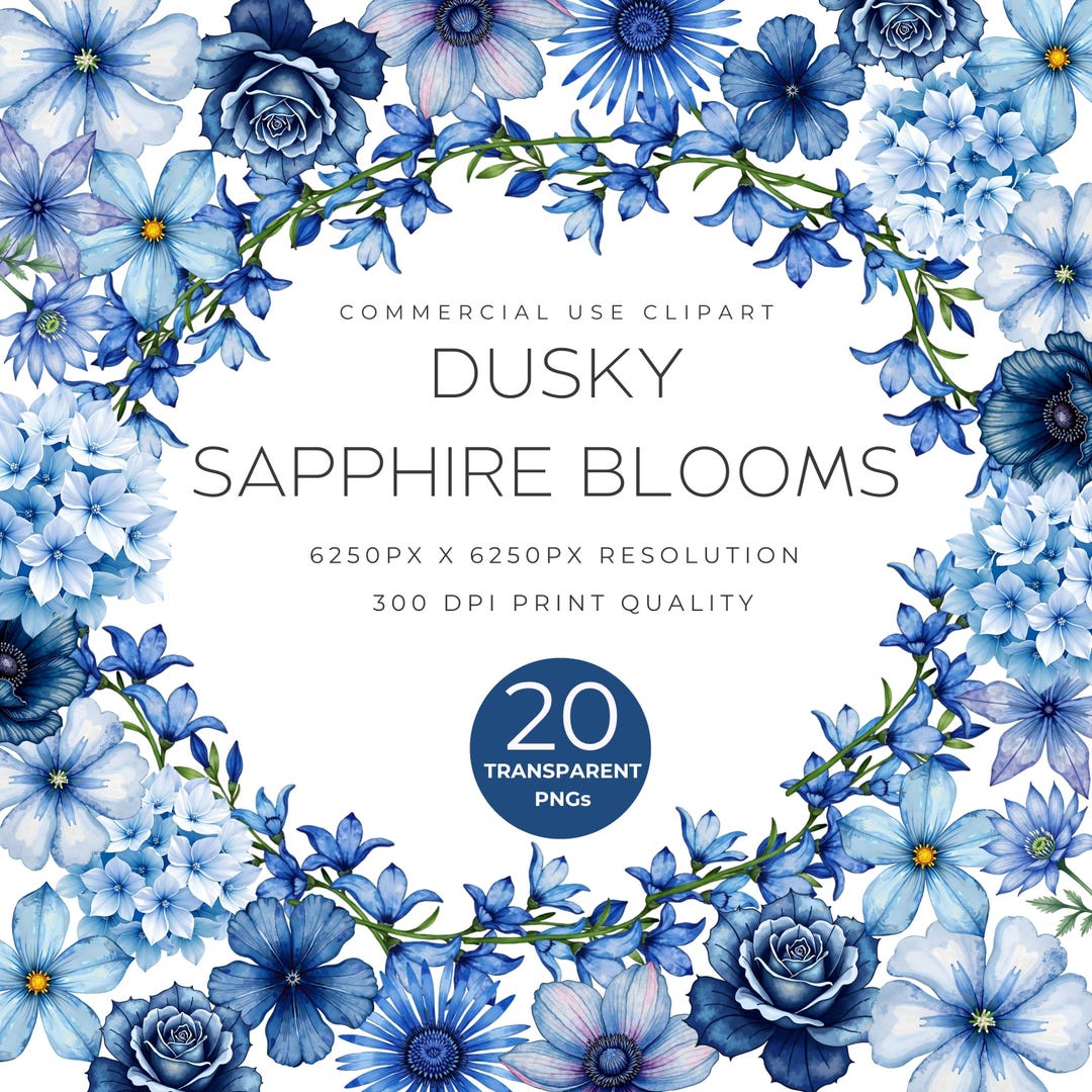 Dusky Sapphire Blooms 20 Blue Watercolor Flower Clipart PNG | Sapphire & Indigo Floral ...