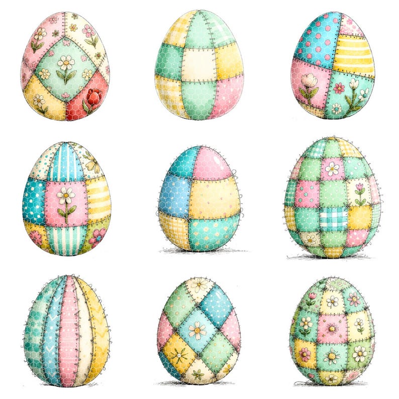 Patchwork Easter Egg Watercolor Clipart PNG | Quilted Fabric Spring ...