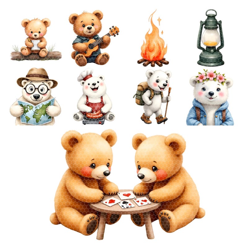 Camping Bear Clipart PNG | Cute Watercolor Adventure Bears | Campfire ...